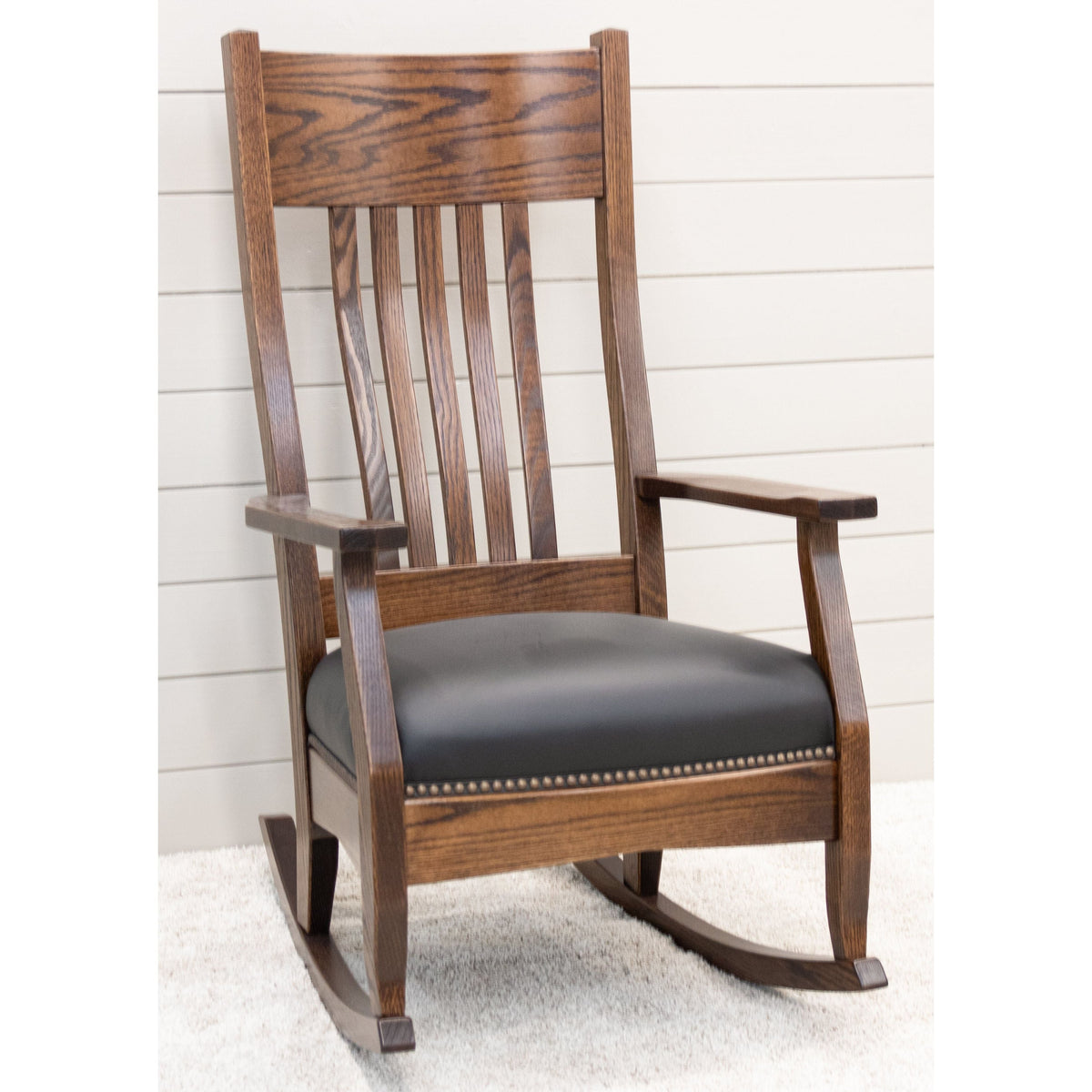 Mission Black Leather Rocker with Solid Oak Frame – Upstate Amish Furniture