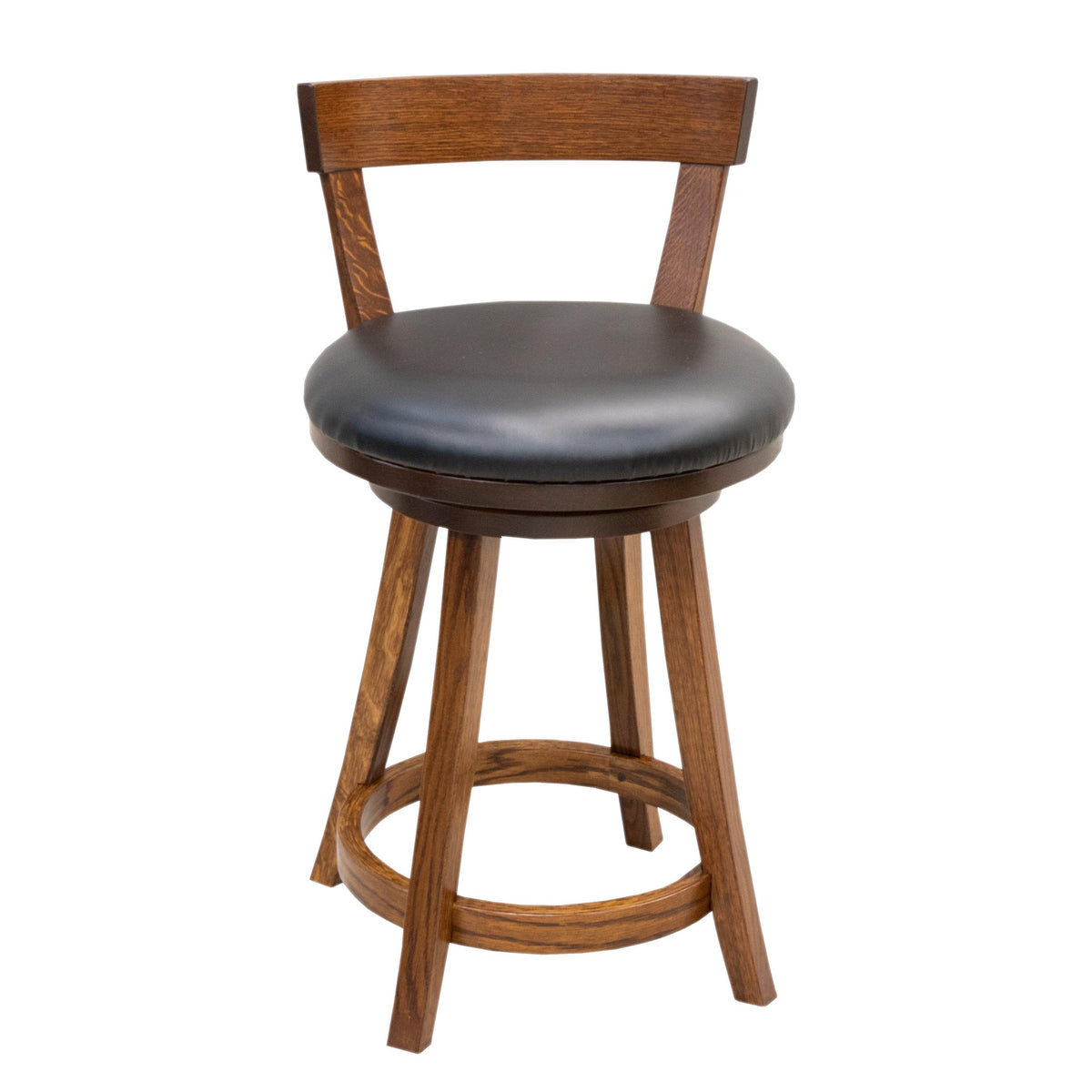 Oak Wood Turnstone Swivel Bar Stool with Black Faux Leather Seat ...